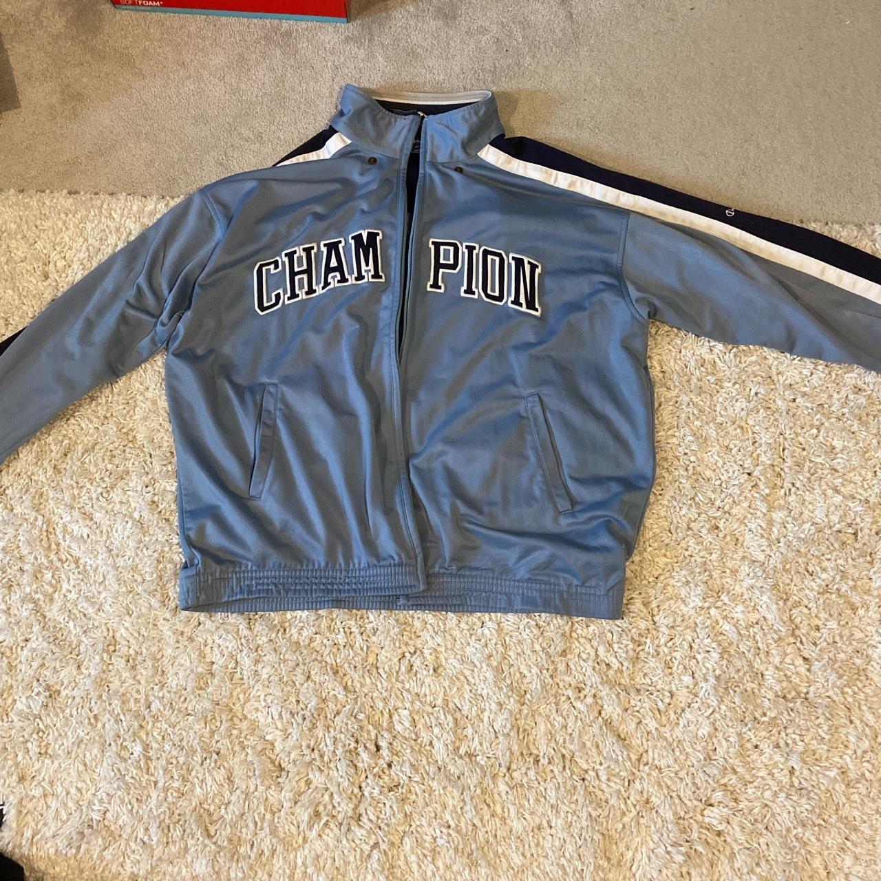 Blue champion (varsity) jacket, only one online!... - Depop