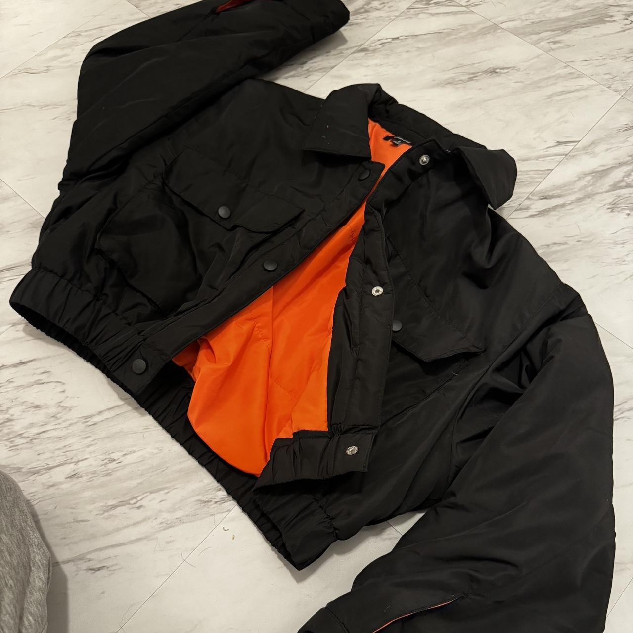 cropped black bomber jacket orange inside. size M - Depop