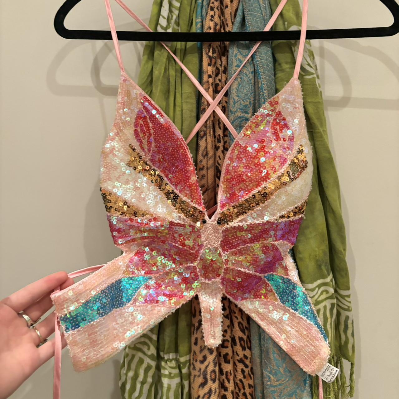 adjustable butterfly sequin top wore this one time... - Depop