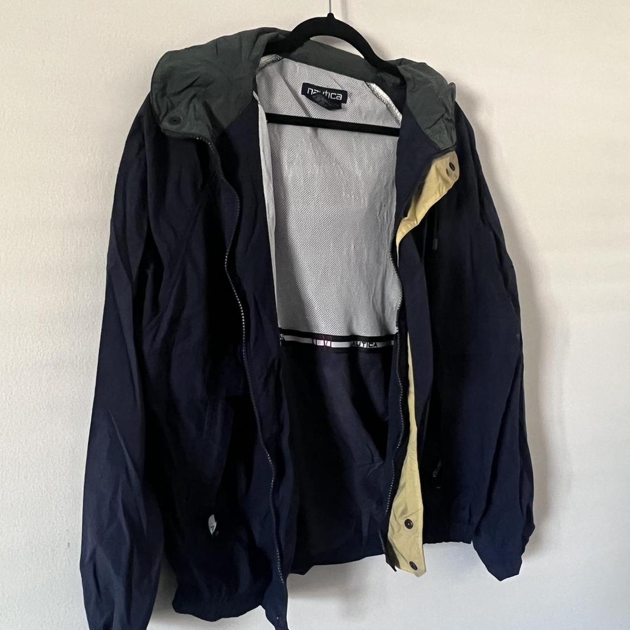 navy blue nautica windbreaker jacket with green hood... | Depop