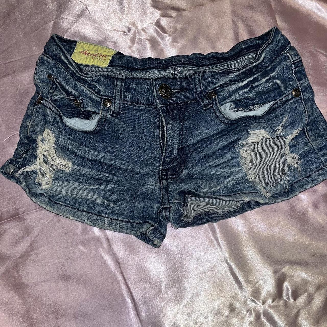 small blue ripped jean shorts, pretty short and cute... - Depop