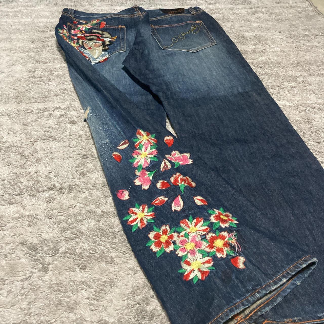 baggy y2k 2000s cherry blossoms geisha ed hardy... - Depop