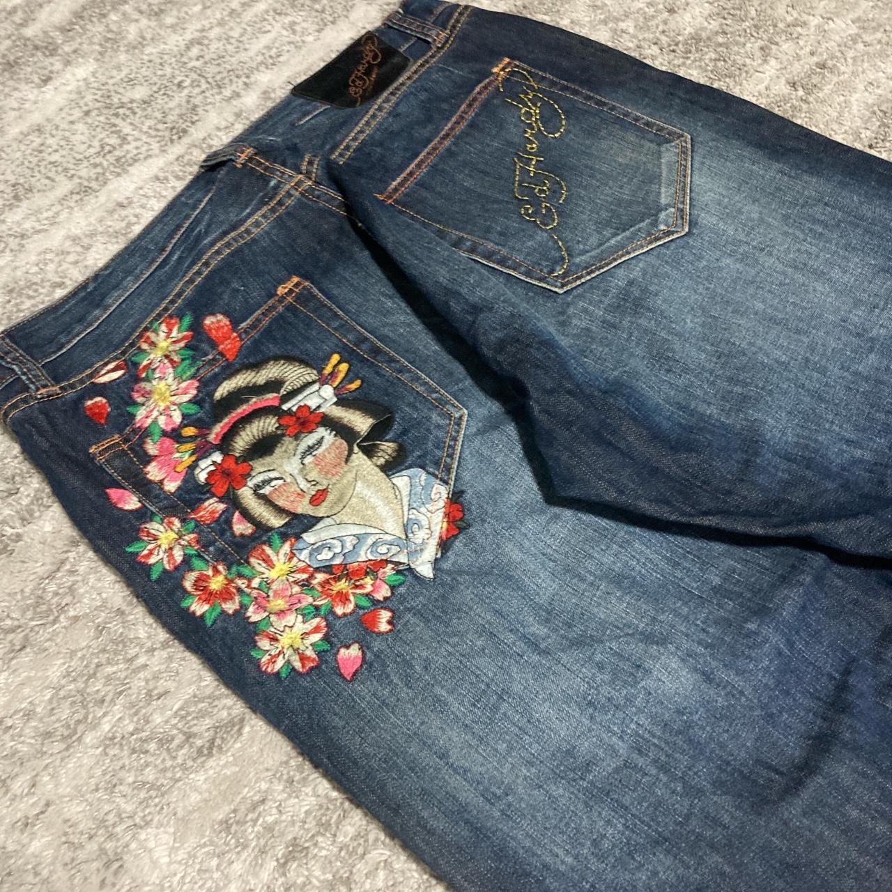 baggy y2k 2000s cherry blossoms geisha ed hardy... - Depop