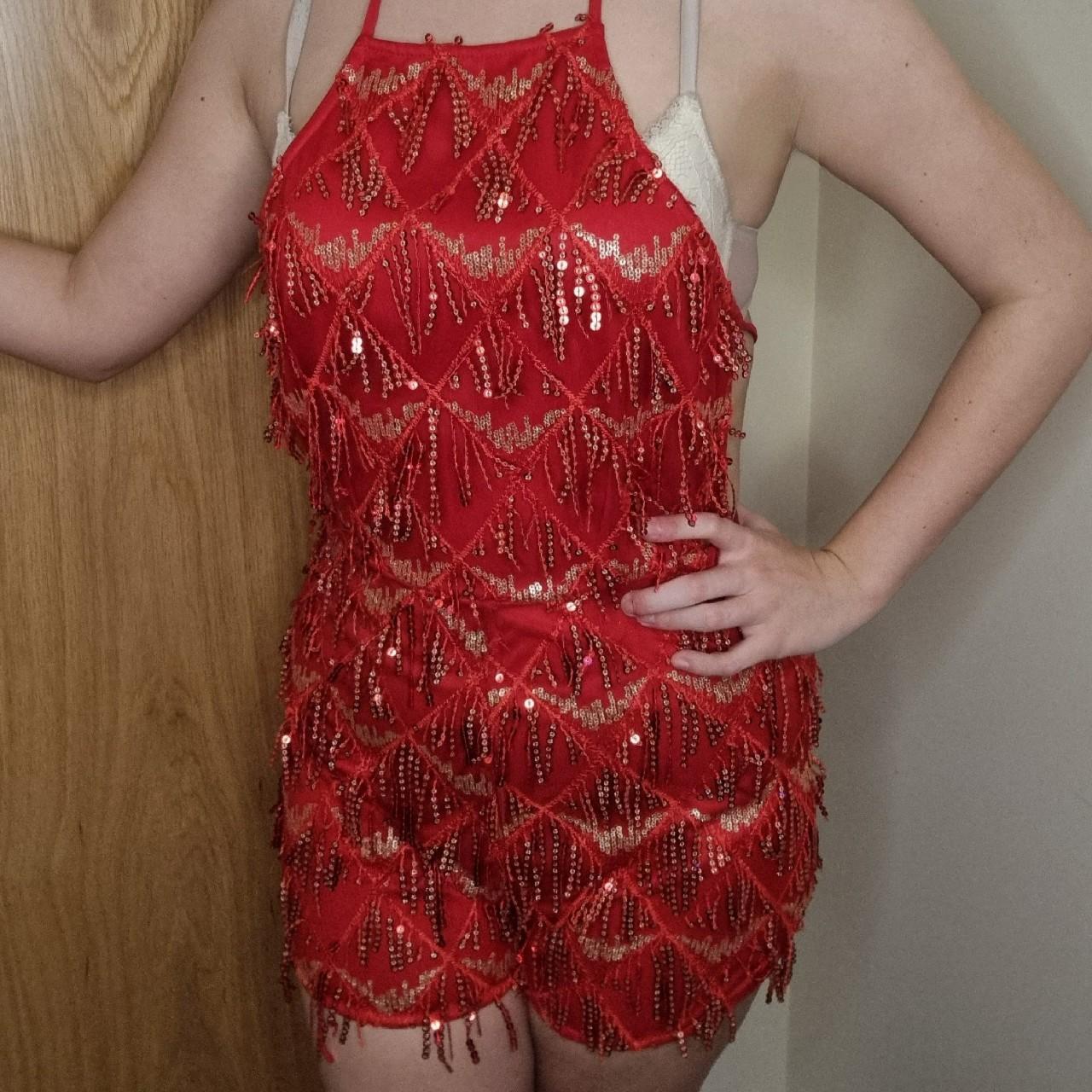 Pretty little thing red tassle playsuit UK size 10... - Depop