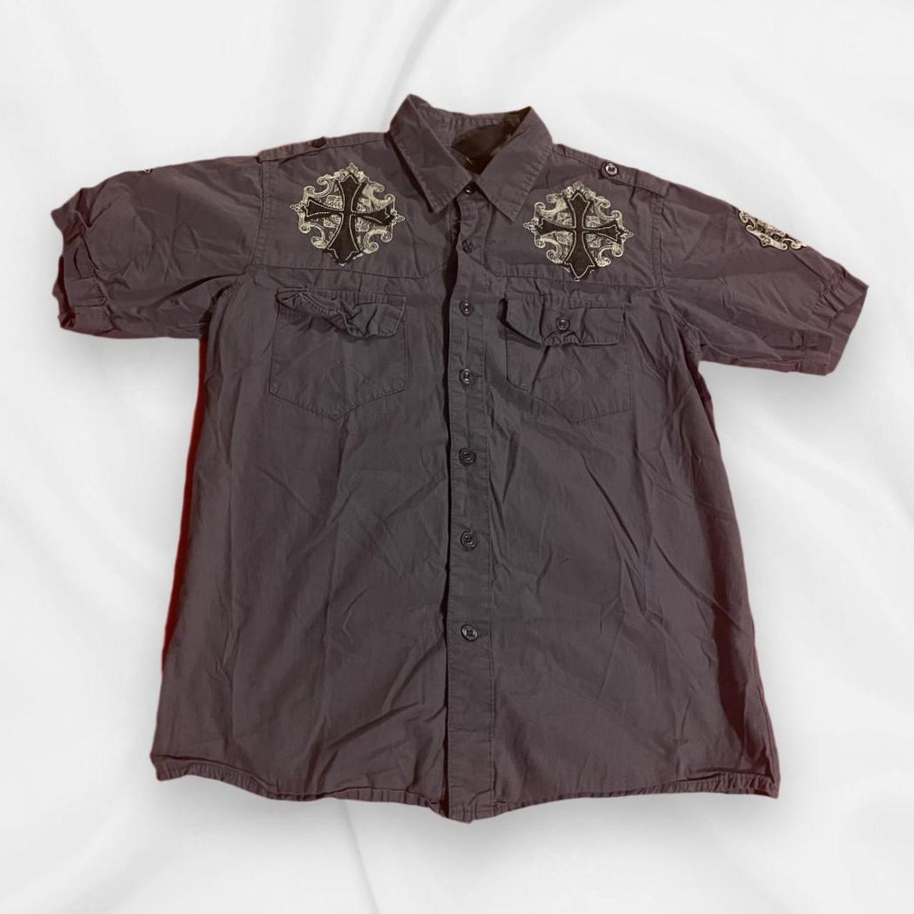 Affliction style button up Kids large , message... - Depop
