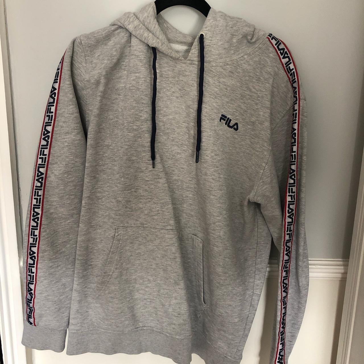 FILA grey tape logo hoodie - Depop