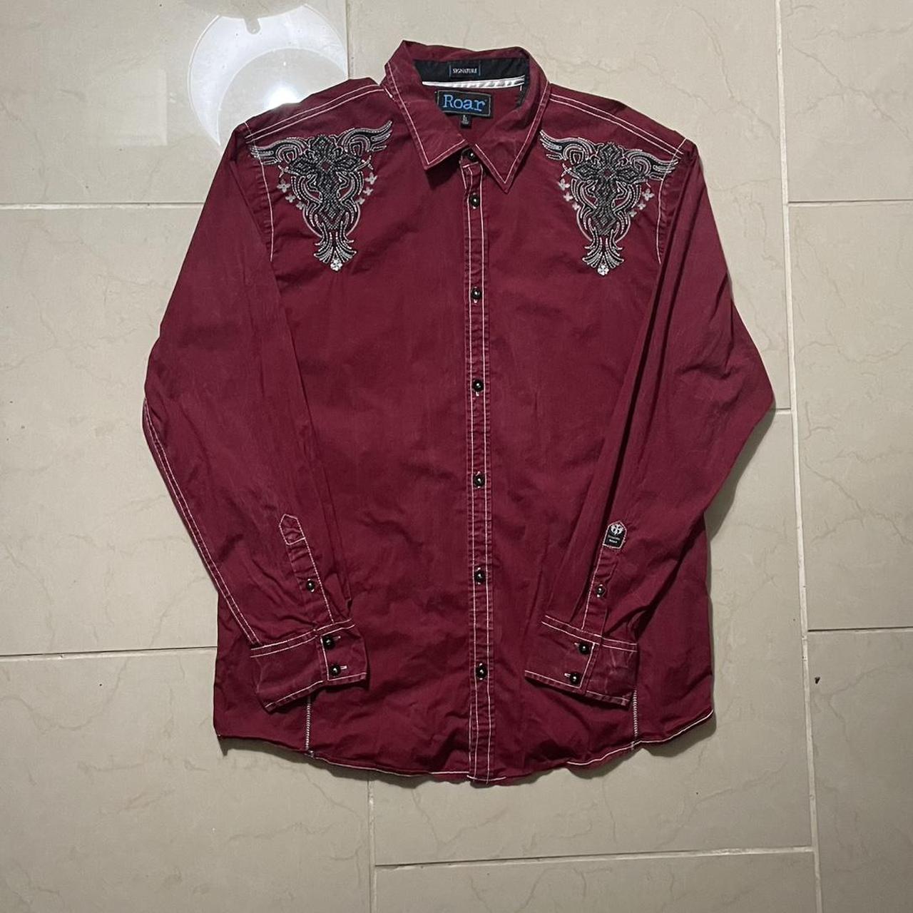 Burgundy and black Roar emo western button up size... | Depop