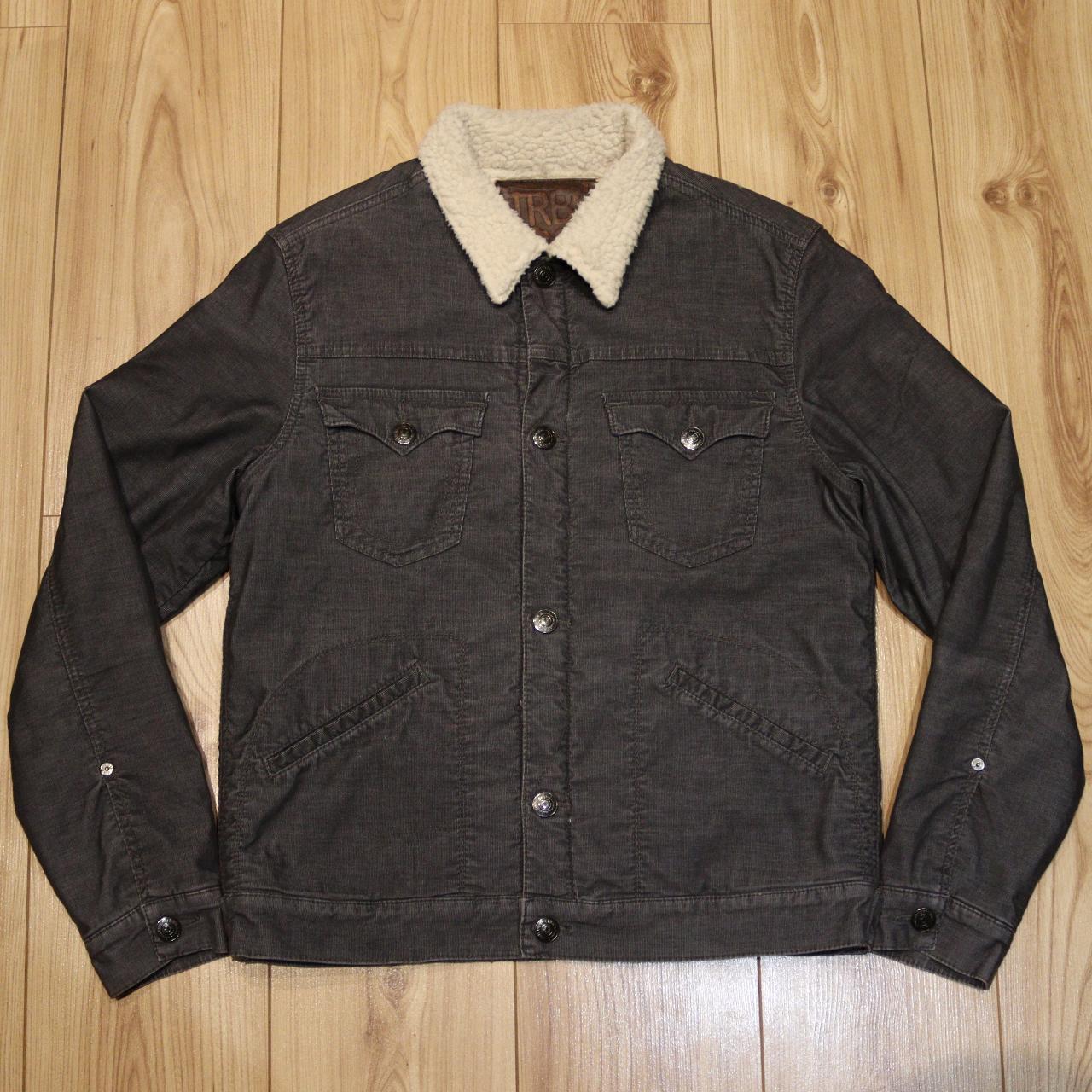 True Religion Dark Grey & White Sherpa Jacket Size... | Depop