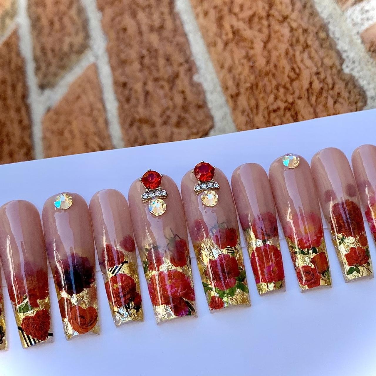Red and gold press on nais 💅🏽set ,ready to ship ,size... - Depop