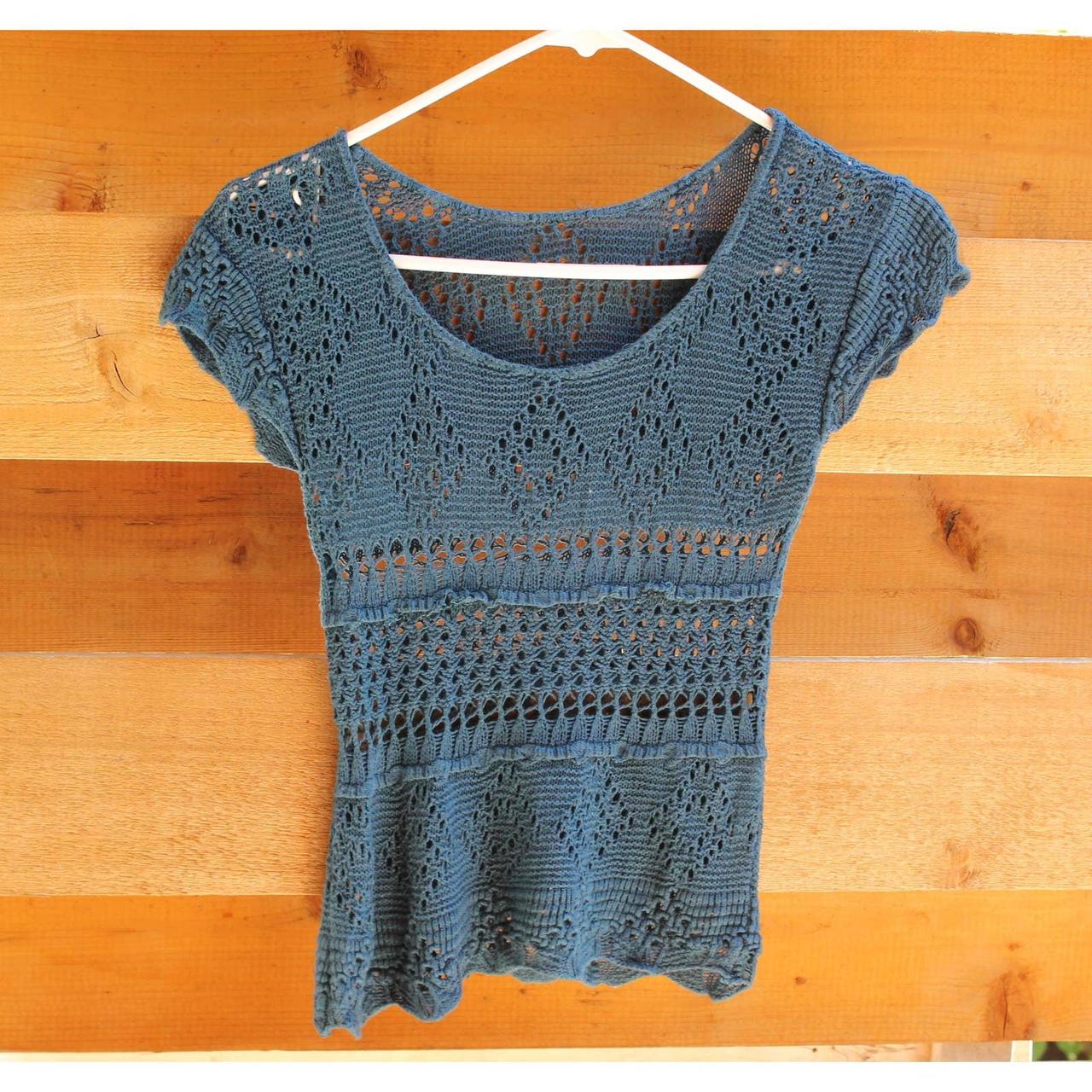 Blue Knitted Lace Tee Dark blue knit top. No... - Depop
