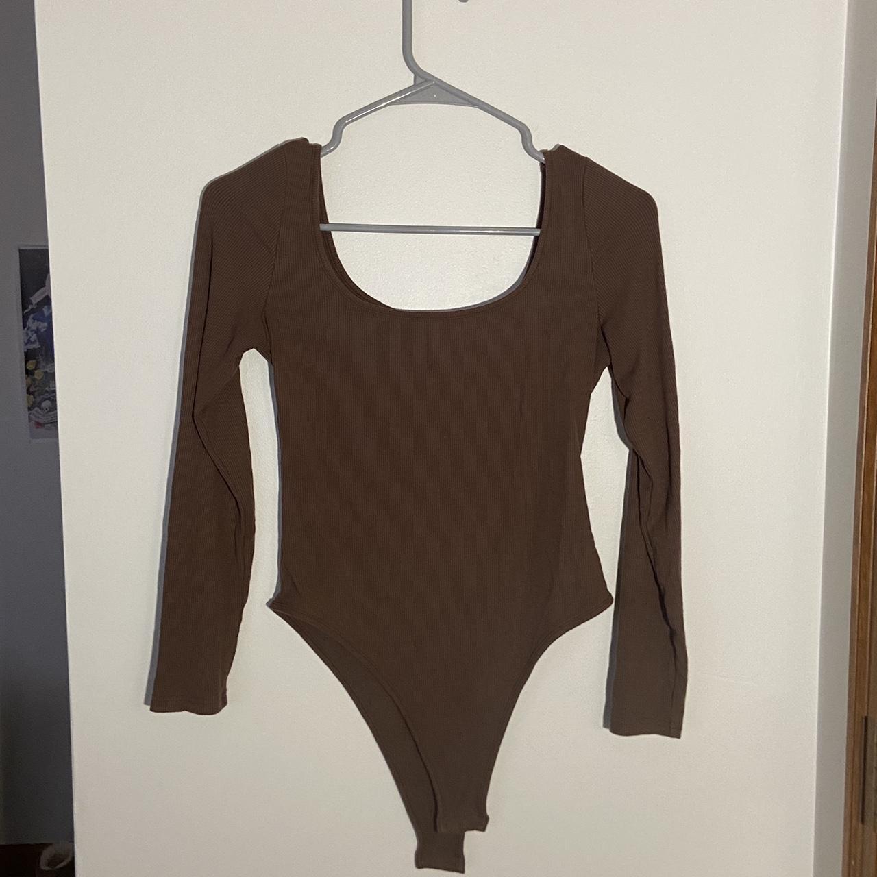 flattering and stretchy brown ribbed bodysuit from... - Depop
