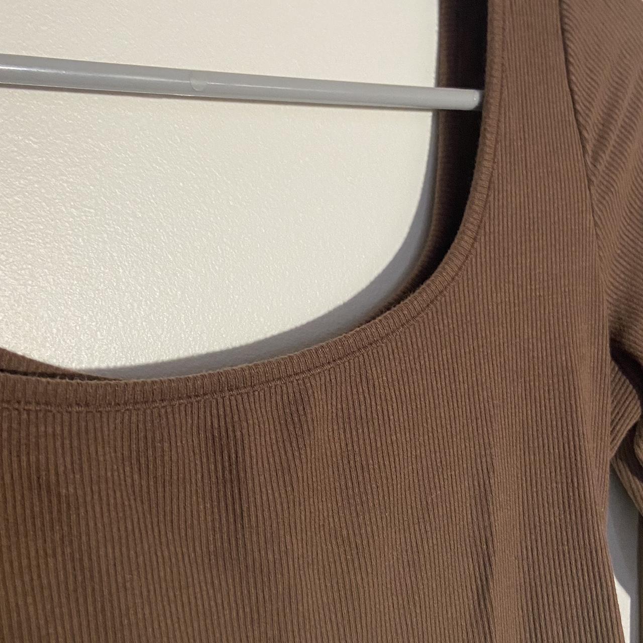 flattering and stretchy brown ribbed bodysuit from... - Depop