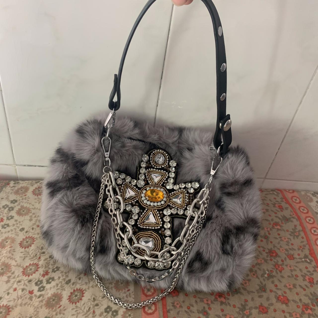 goth cute grey furry bag, rock purse, y2k shoulder... - Depop