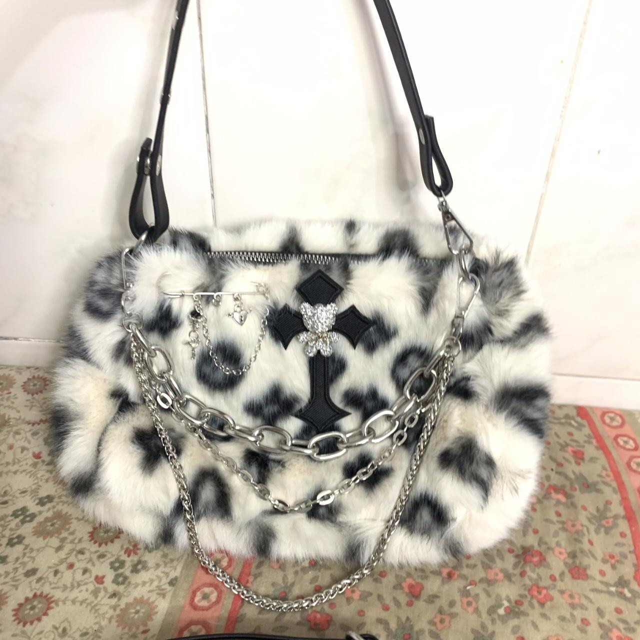 goth cute white furry bag, rock purse, y2k shoulder... - Depop
