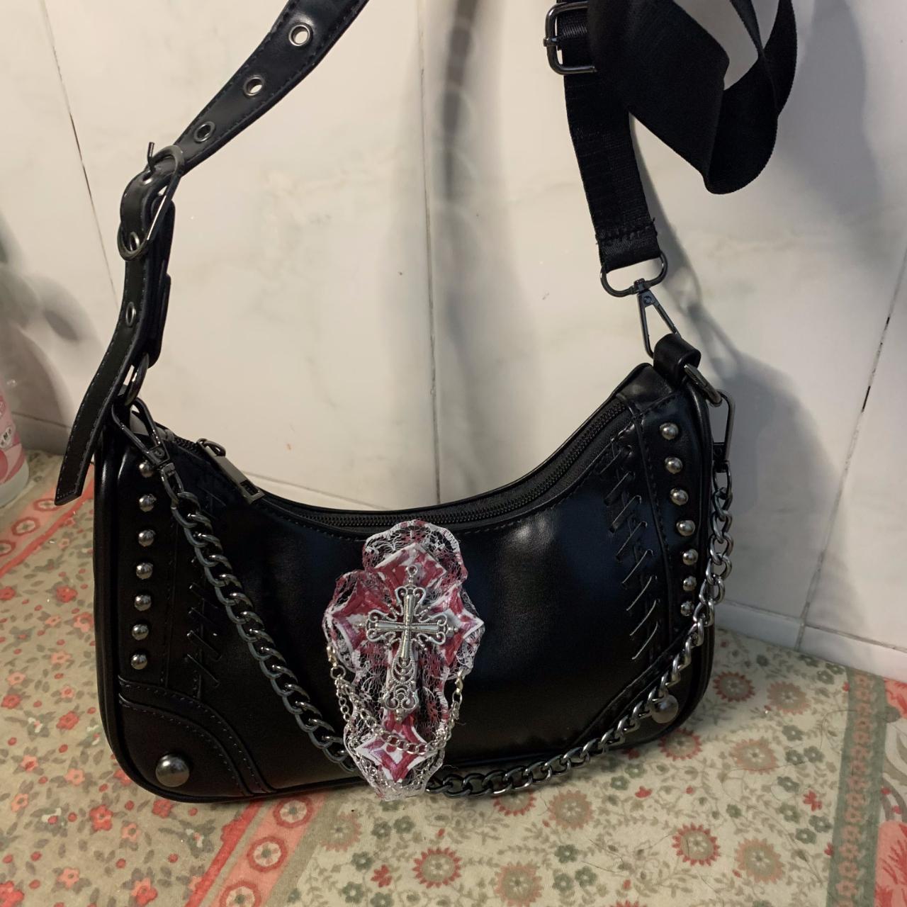 goth cute black pu bag, rock purse, y2k shoulder... - Depop