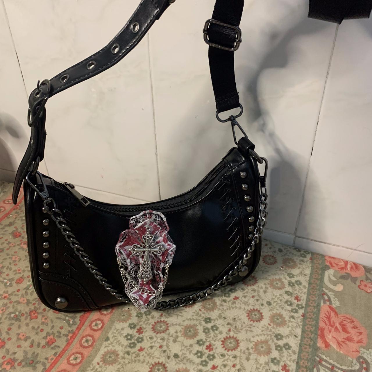 goth cute black pu bag, rock purse, y2k shoulder... - Depop
