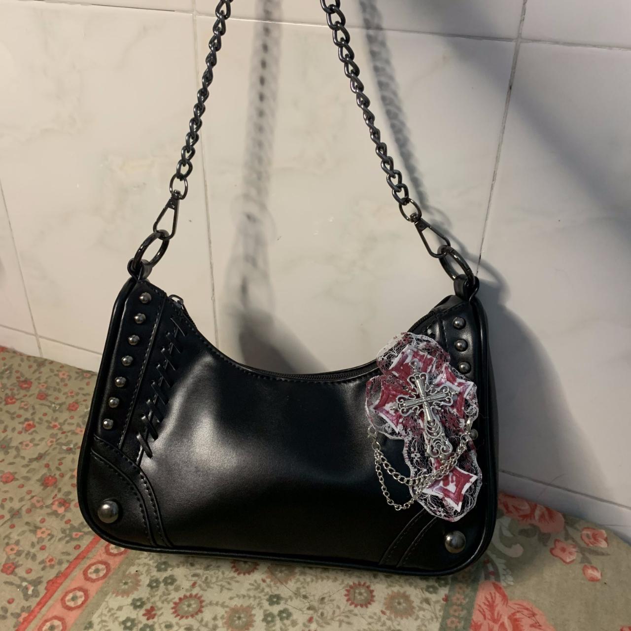 goth cute black pu bag, rock purse, y2k shoulder... - Depop