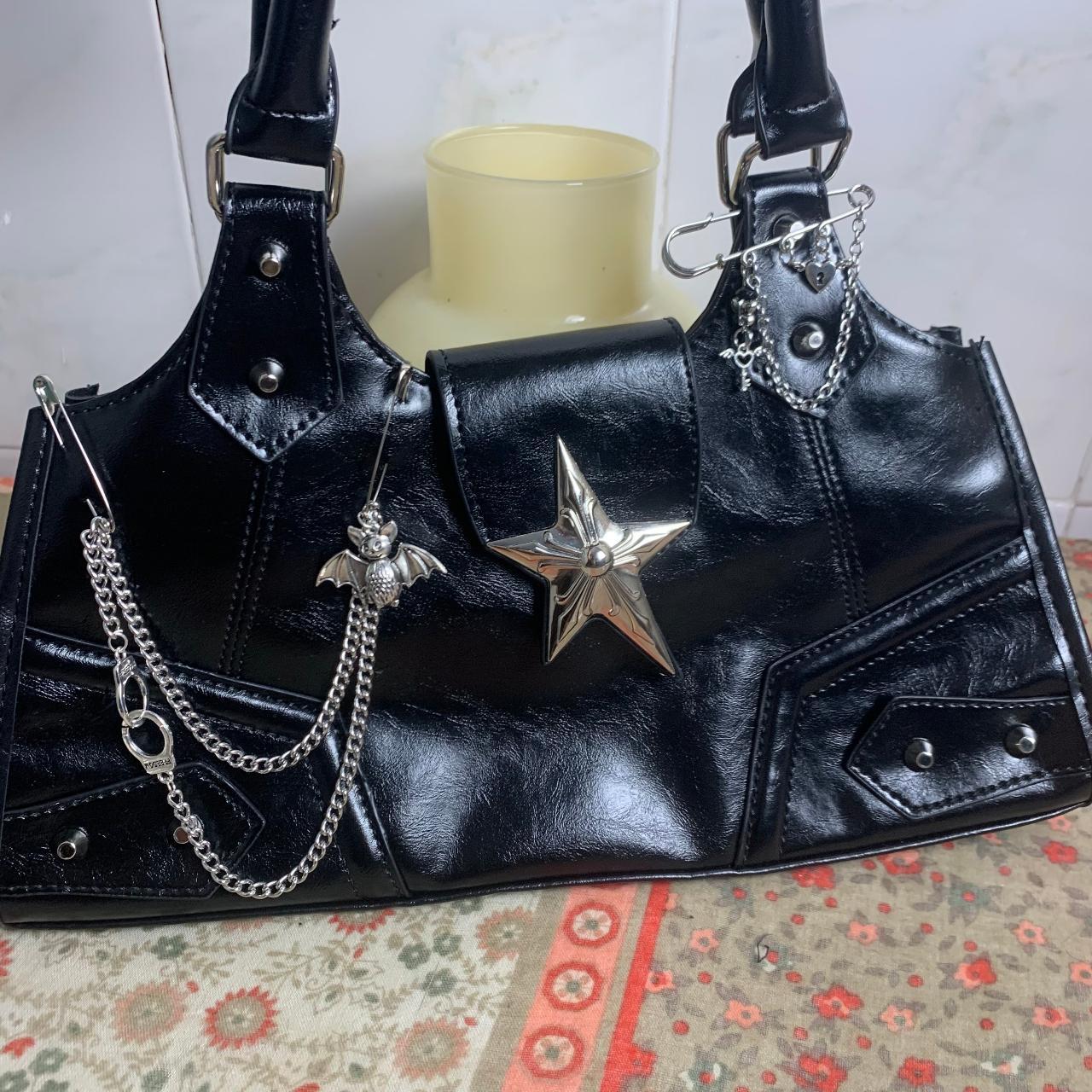 goth cute black pu bag, rock purse, y2k shoulder... - Depop