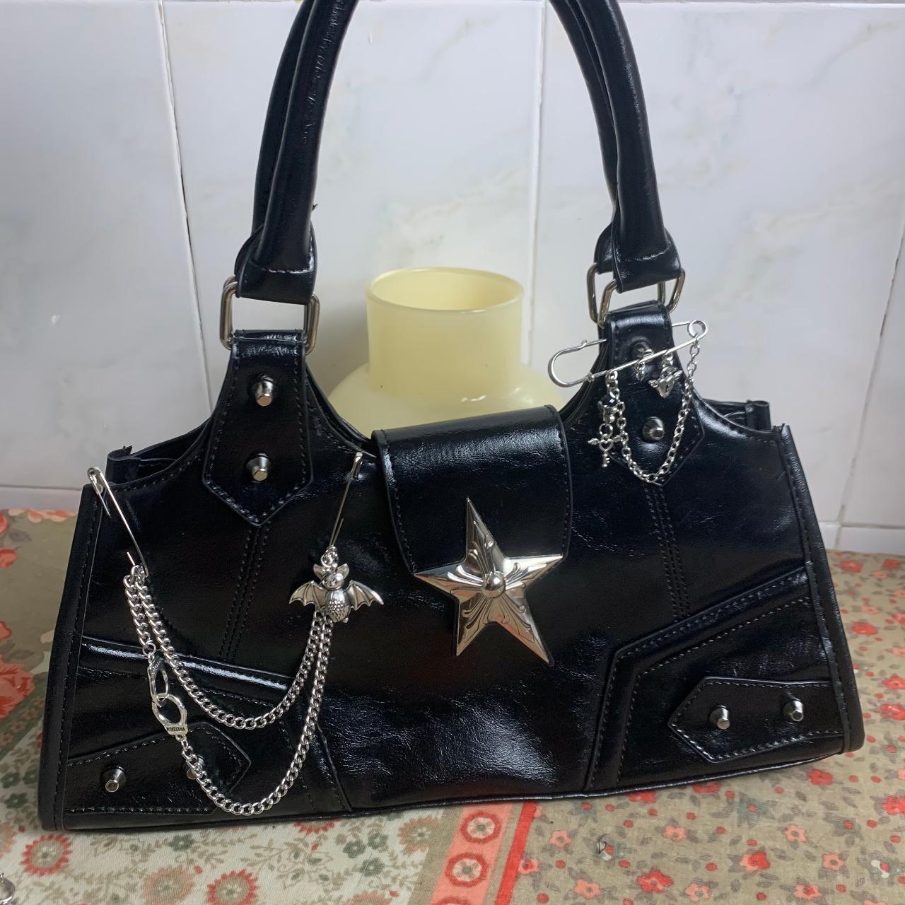 goth cute black pu bag, rock purse, y2k shoulder... - Depop