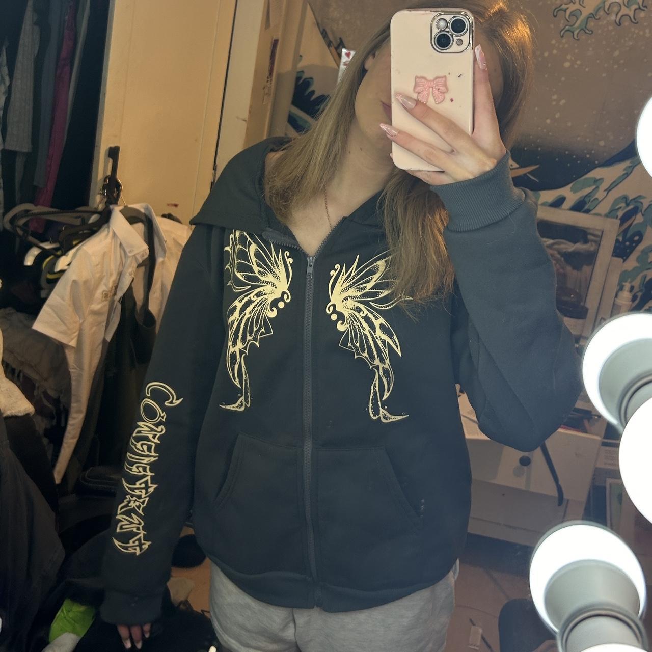 grey butterfly print zip up hoodie - Depop