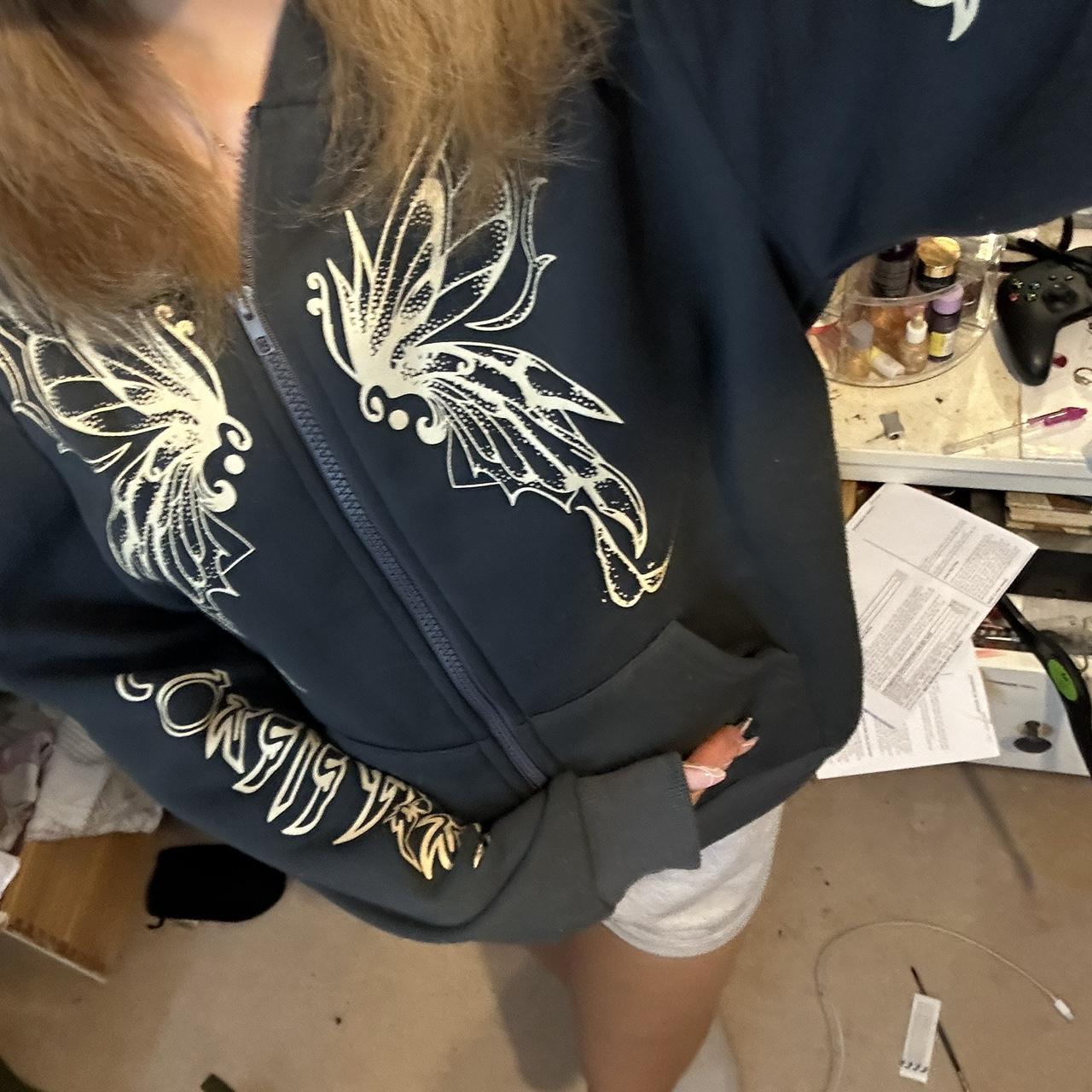 grey butterfly print zip up hoodie - Depop