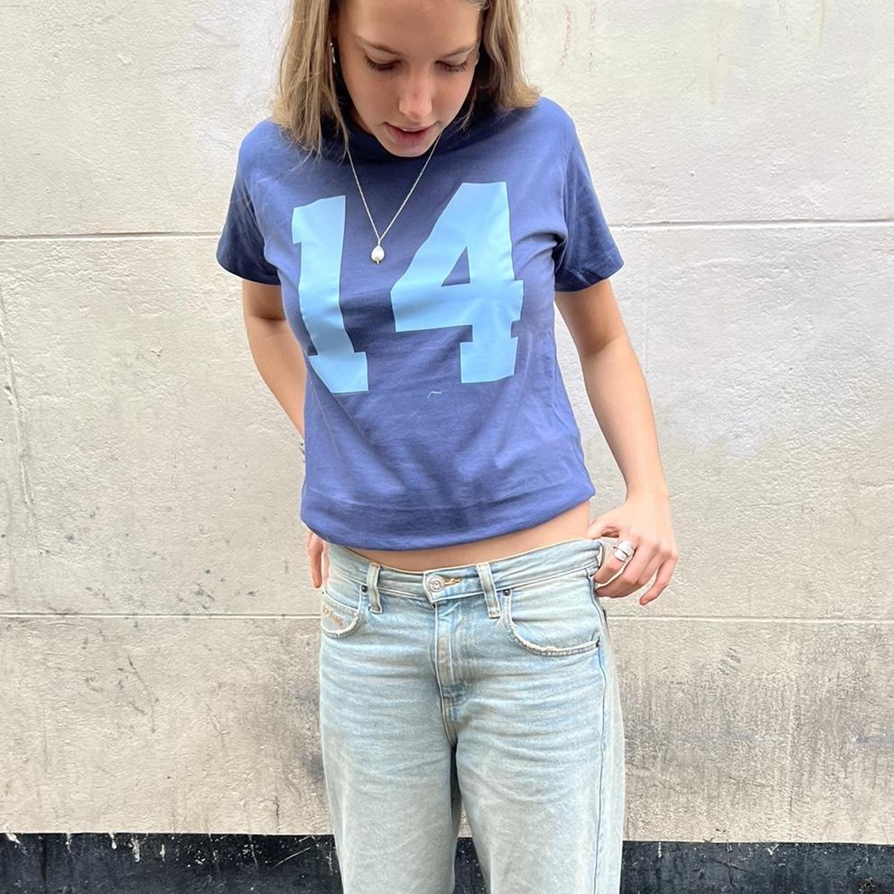 Number 14 baby tee 💙 Denim blue with baby blue 14 print | Depop