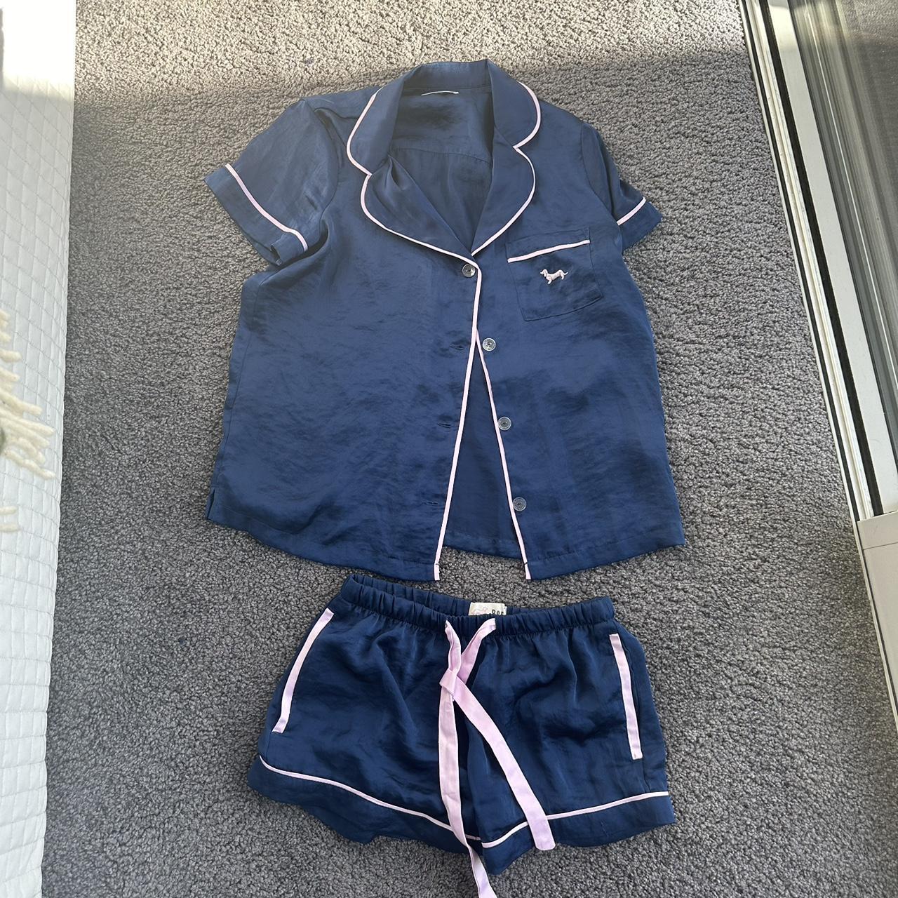 Peter Alexander classic satin navy set with pink... - Depop