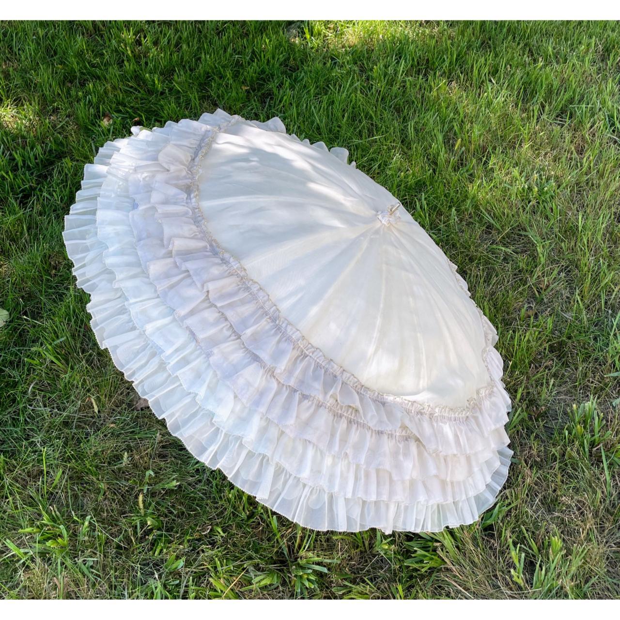 Vintage 1950s Light Gray Parasol With Ruffled Edges... - Depop