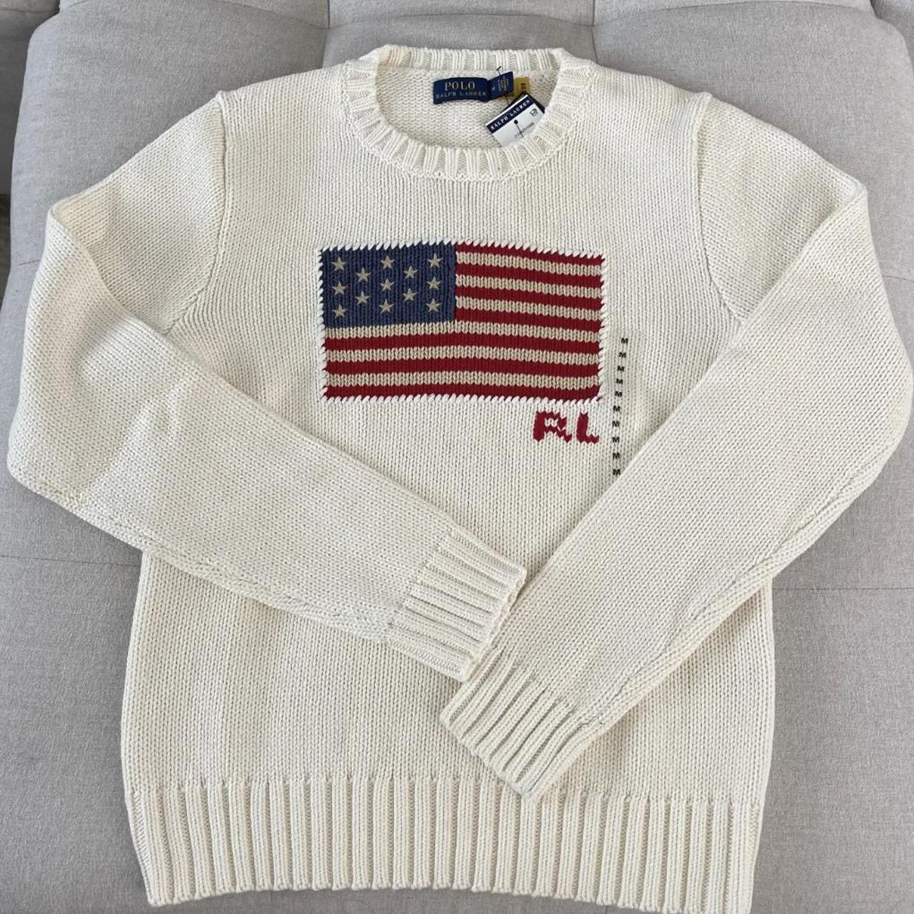NWT AUTHENTIC WOMANS CREAM RALPH LAUREN FLAG SWEATER... - Depop
