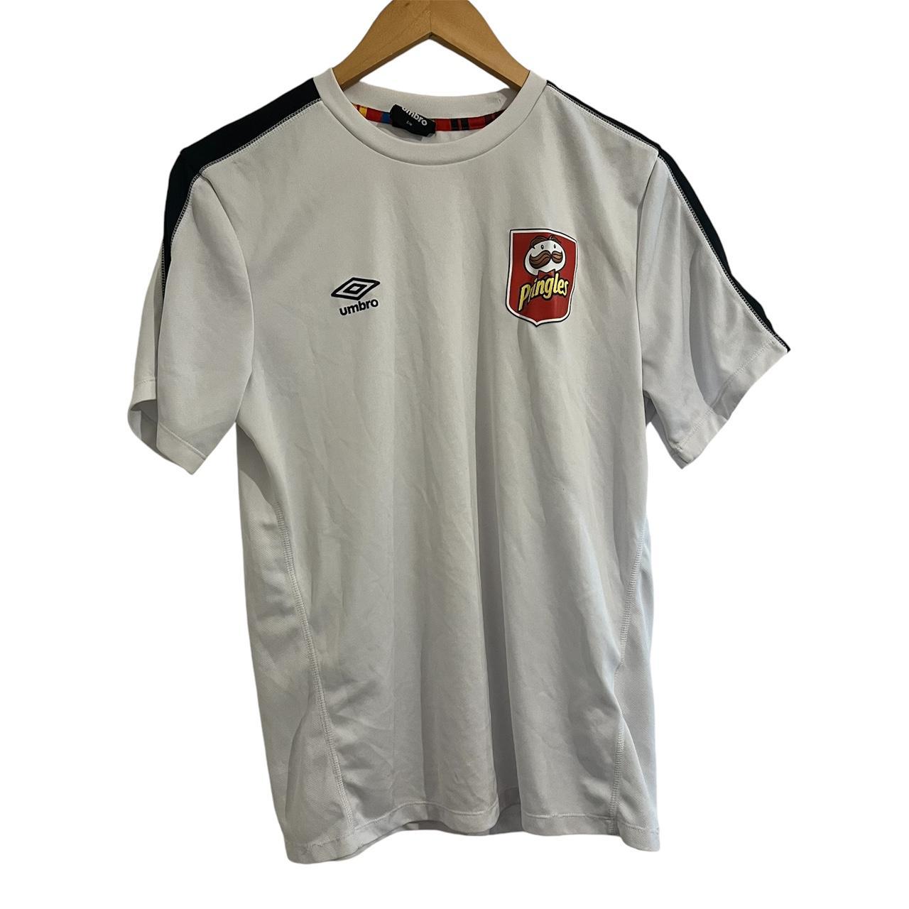 Umbro white and black retro pringles football shirt... - Depop