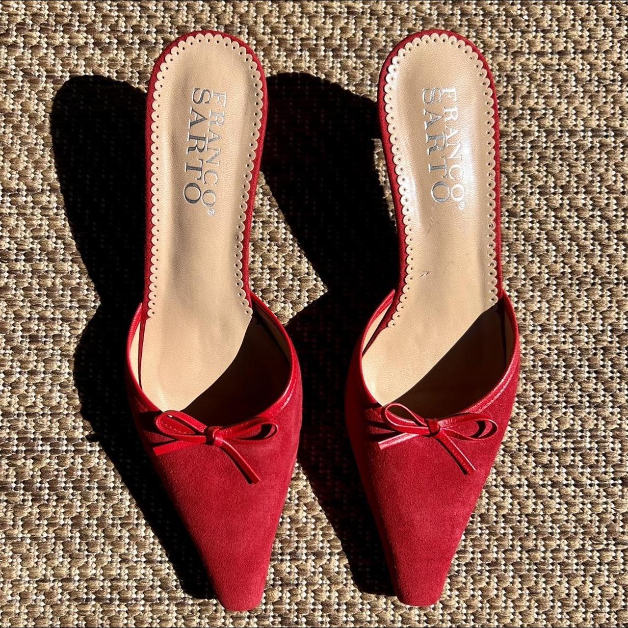 Cherry Red Suede and Leather Bow Kitten Heel Mules 🍒... - Depop