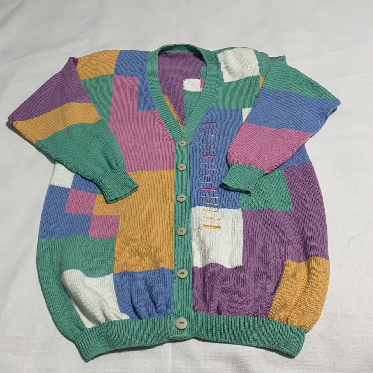 Vintage 80s Women’s Oversized Colorblock V Neck... - Depop