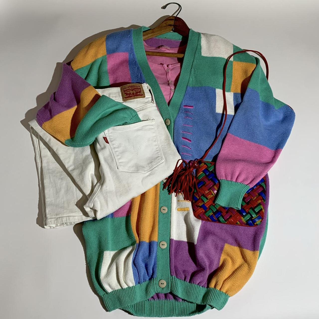 Vintage 80s Women’s Oversized Colorblock V Neck... - Depop