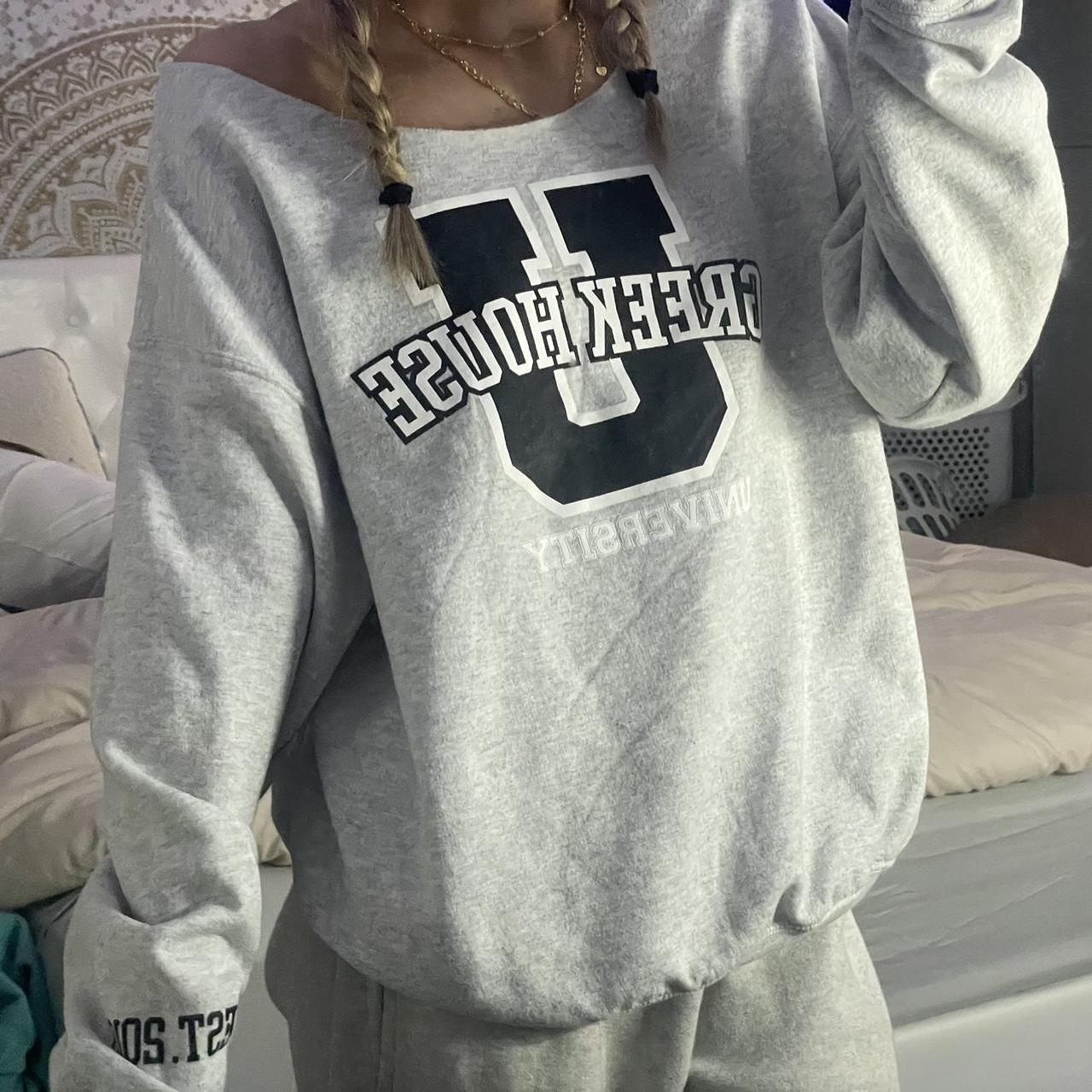 Off the shoulder university sweatshirt, light grey,... - Depop