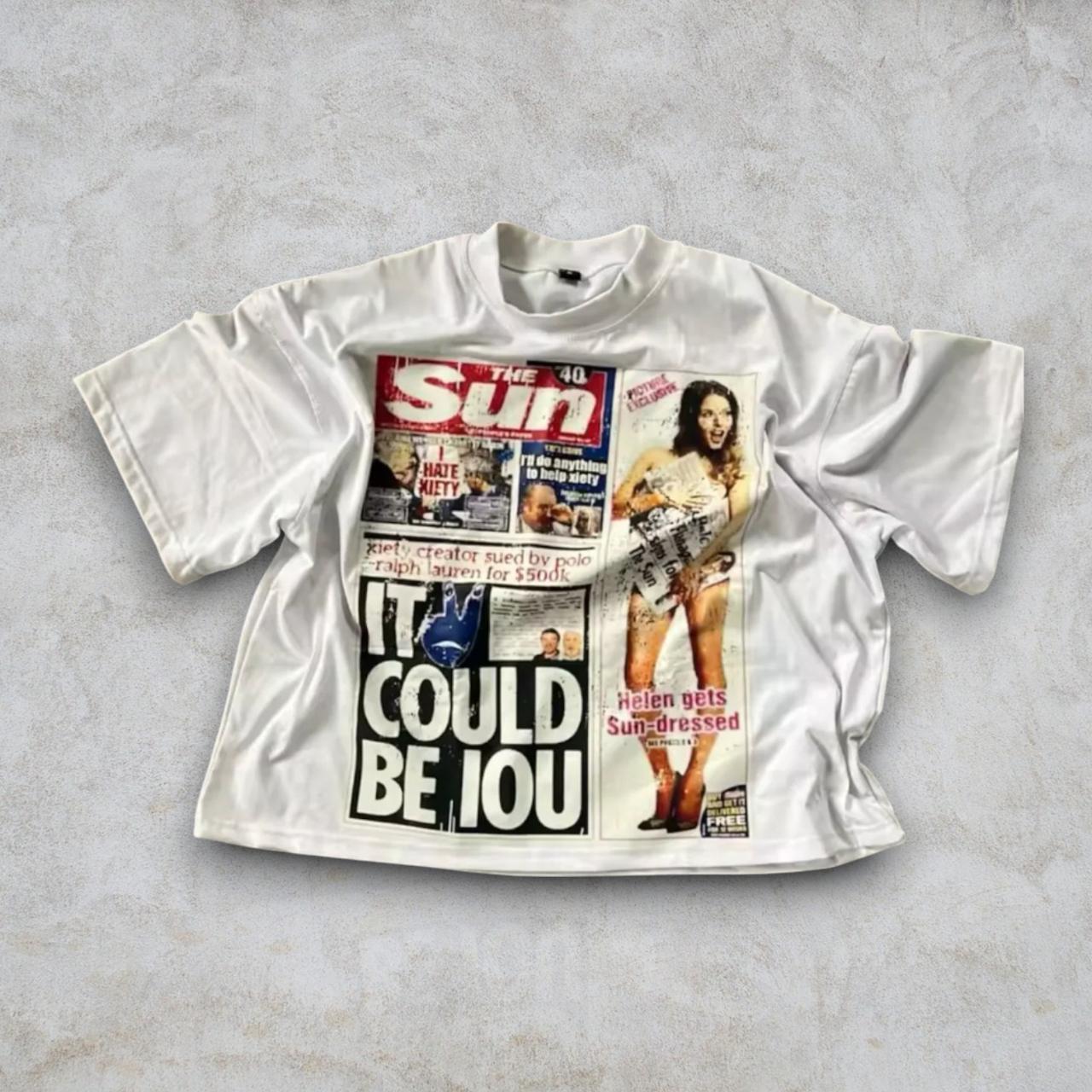 Y2K style print graphic tee featuring bold headlines... | Depop