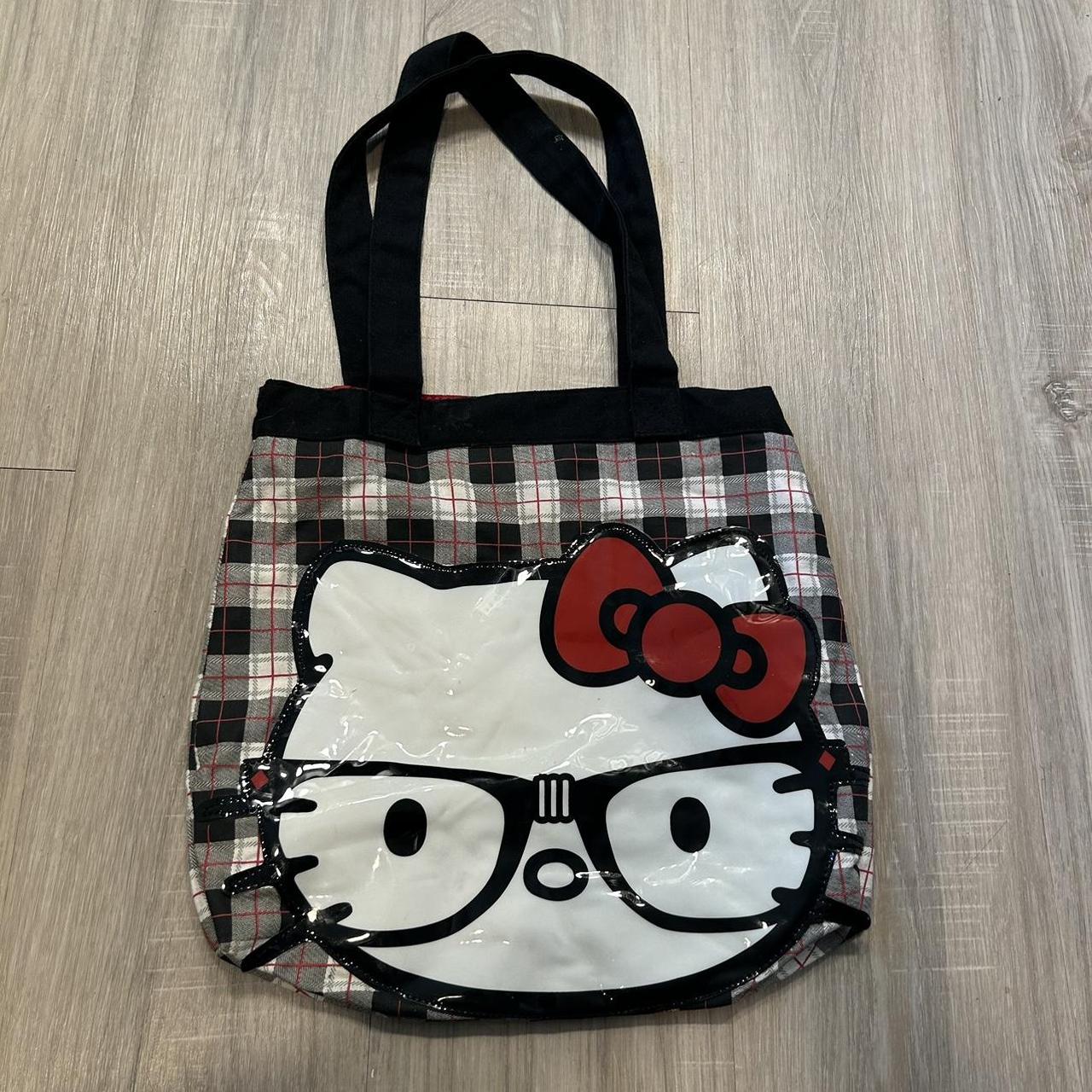 Plaid black and red nerdy hello kitty tote bag... - Depop