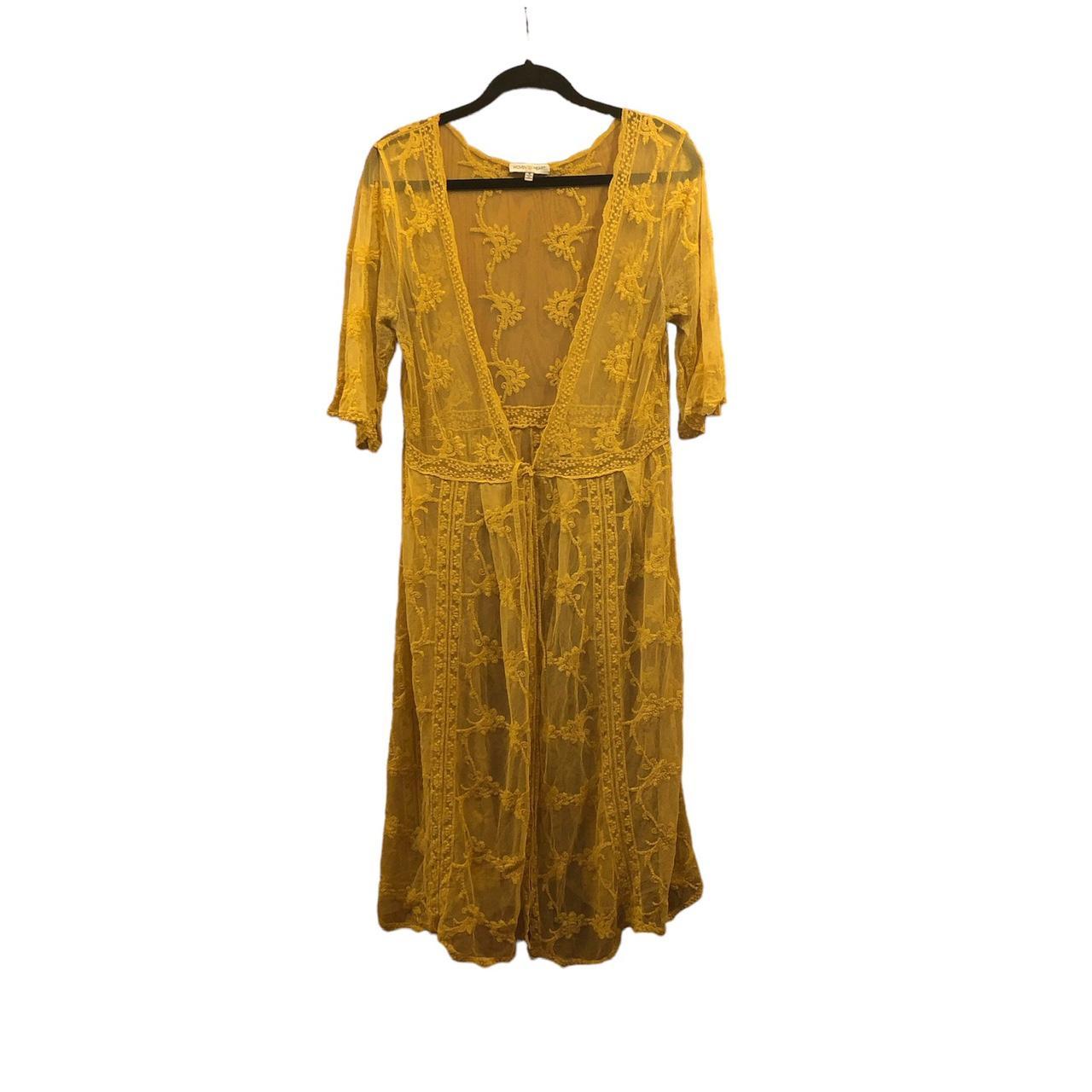 Woven Heart mustard yellow lace kimono / swimsuit... - Depop