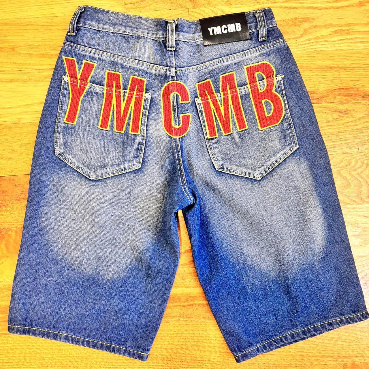 YMCMB blue and red denim shorts with embroidered... - Depop