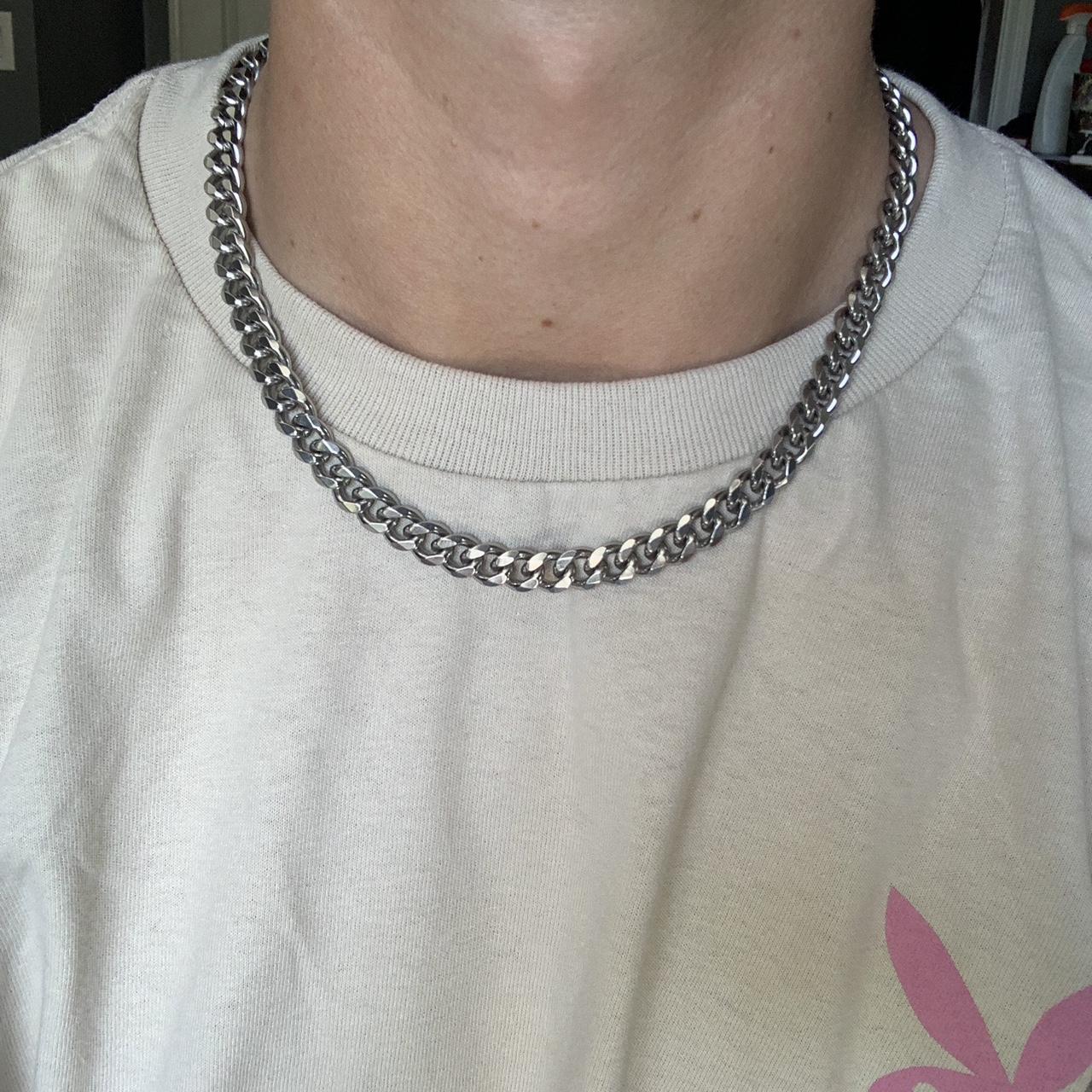 18” silver stainless steel cuban link/curb chain... - Depop
