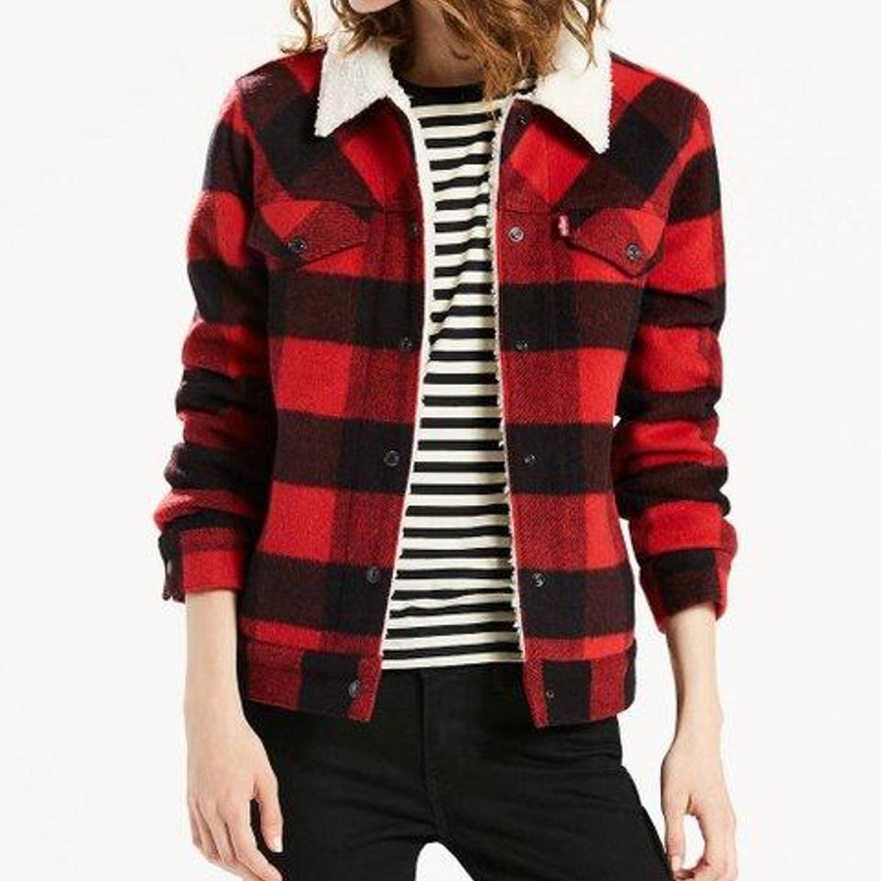 Levi's Cherry Bomb Plaid Wool-Blend Faux Sherpa... - Depop
