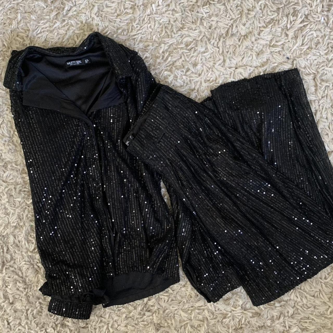 Black Sequin matching pant and button down set... - Depop