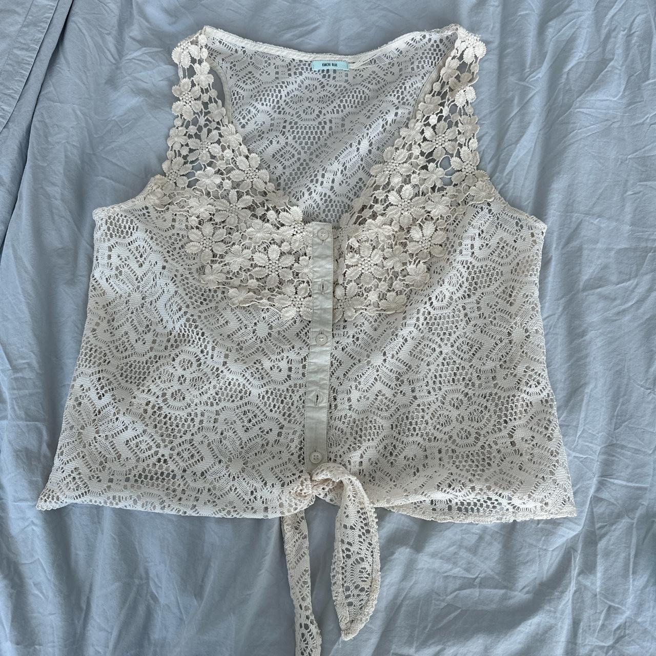 Cream Open Laced Cropped Vest Tank Top Size: Women... - Depop