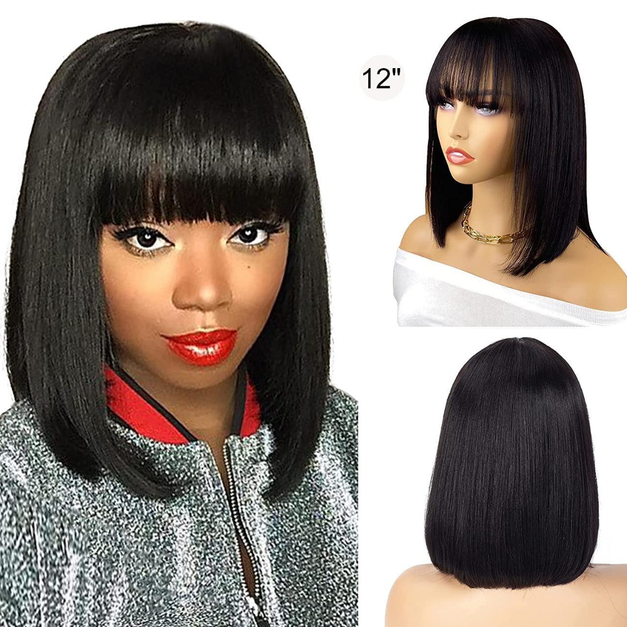 12 Inch Human Hair bob with bangs No lace, glue-less... - Depop