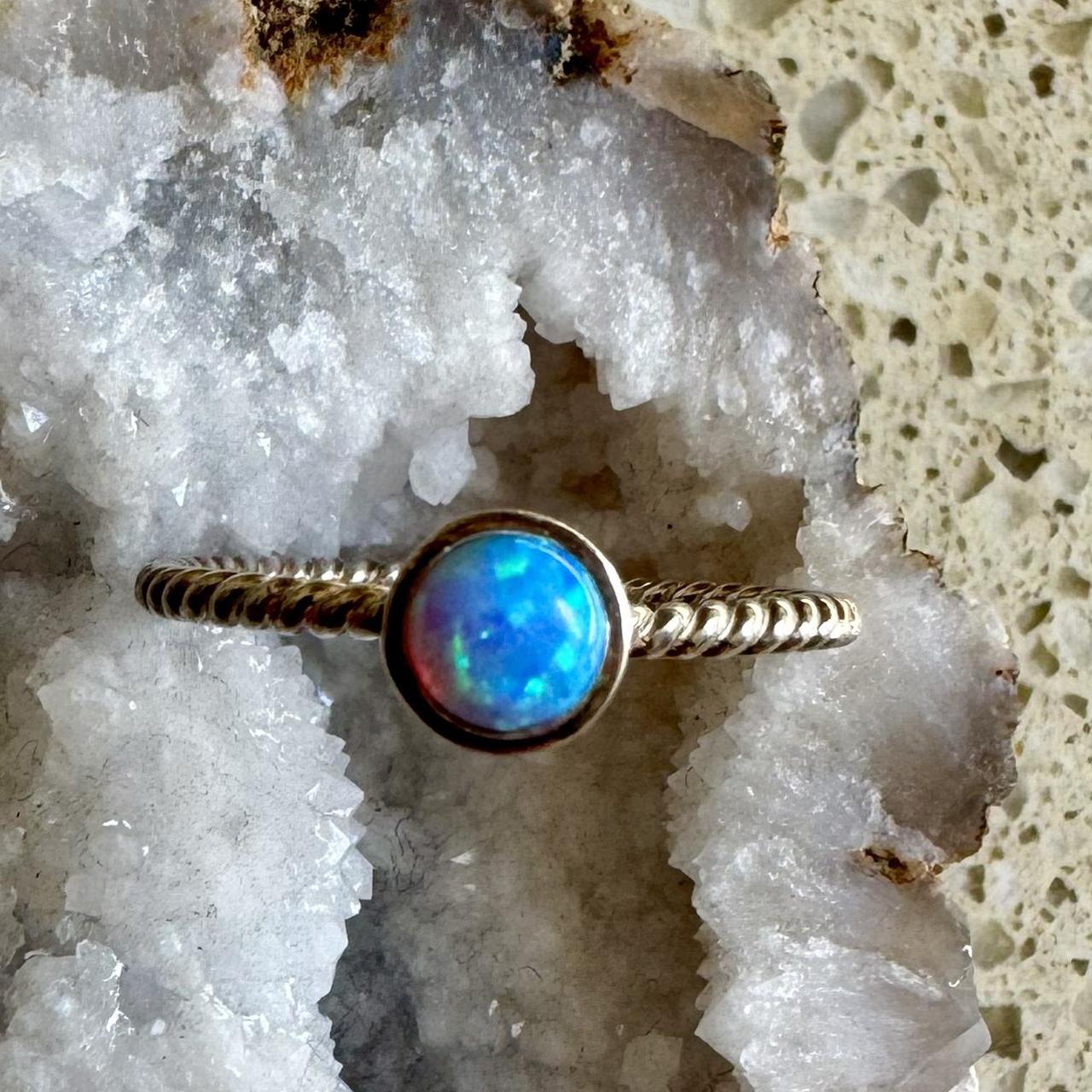 Blue Opal & Silver Ring. Opal is bezel set on a... - Depop