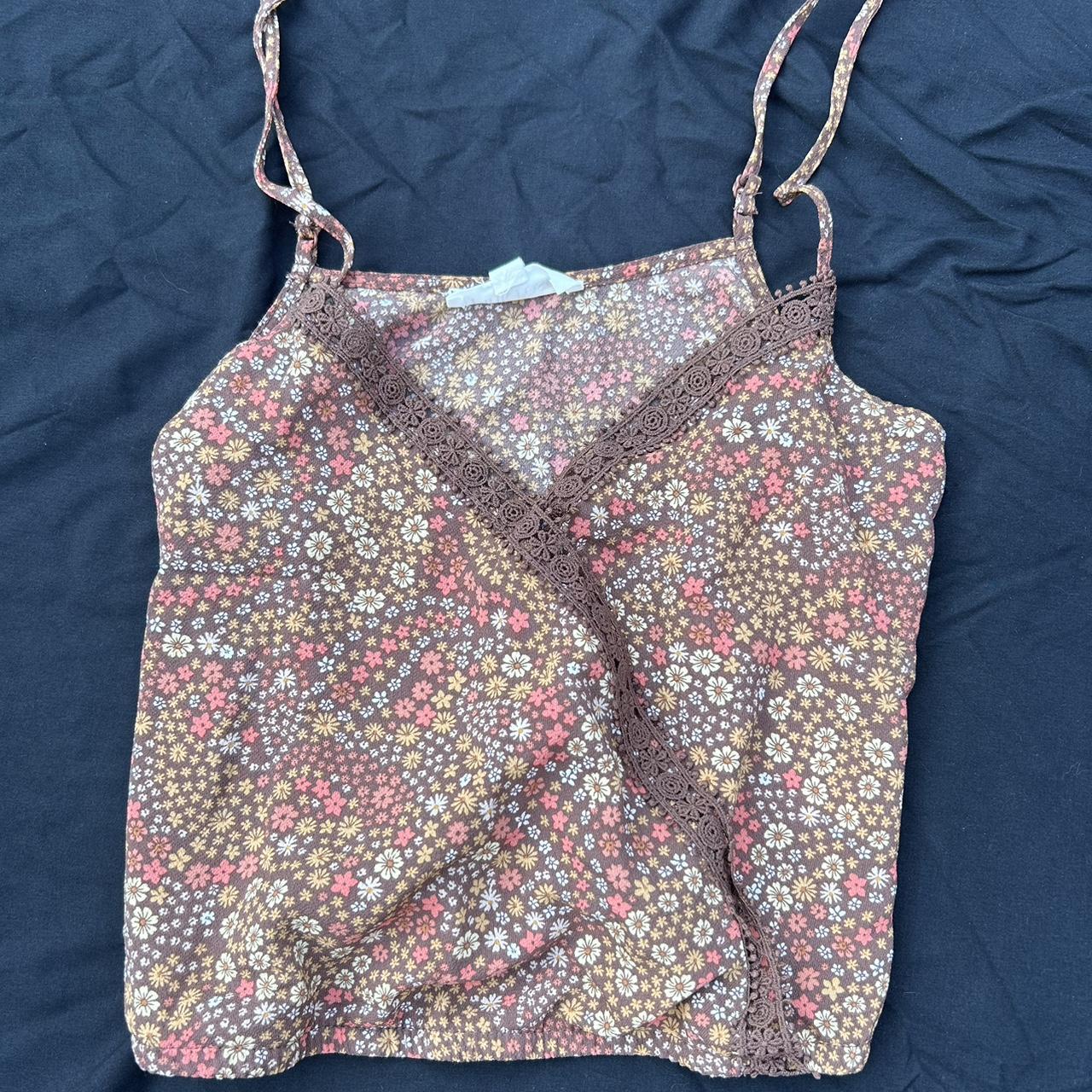 Cute pink and brown floral top with lace trim and... - Depop