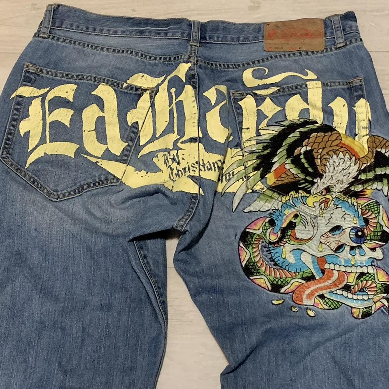 y2k ed hardy jeans really cool embroidered design... - Depop