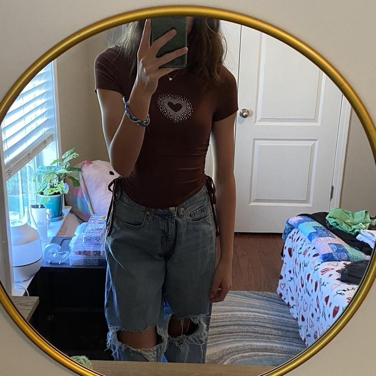 brown shein crop top ♡detailed rhinestone heart... - Depop