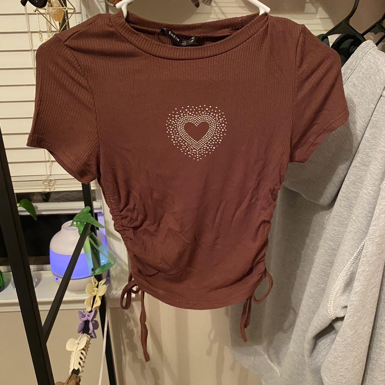 brown shein crop top ♡detailed rhinestone heart... - Depop
