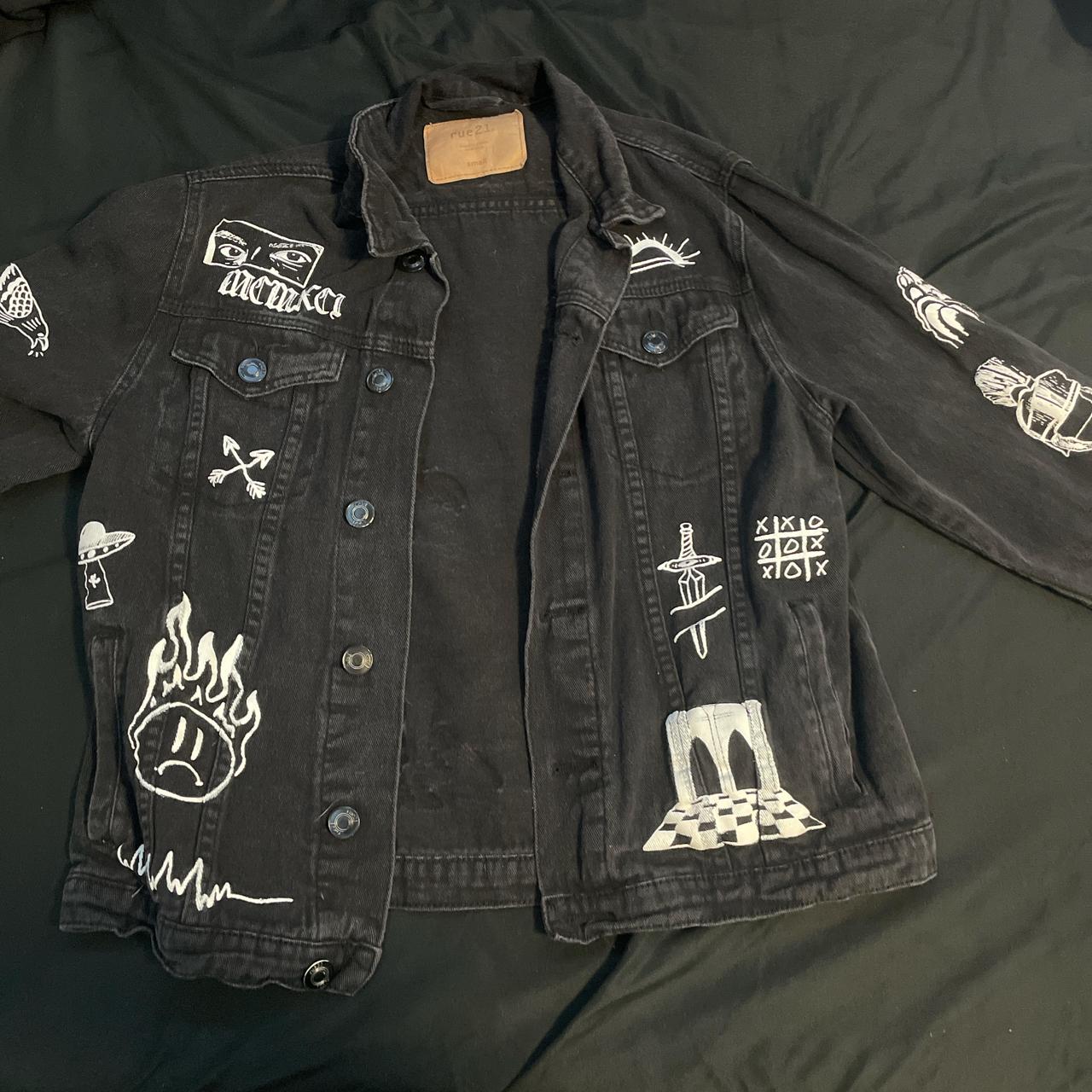 Men’s small black denim jacket with white prints all... - Depop