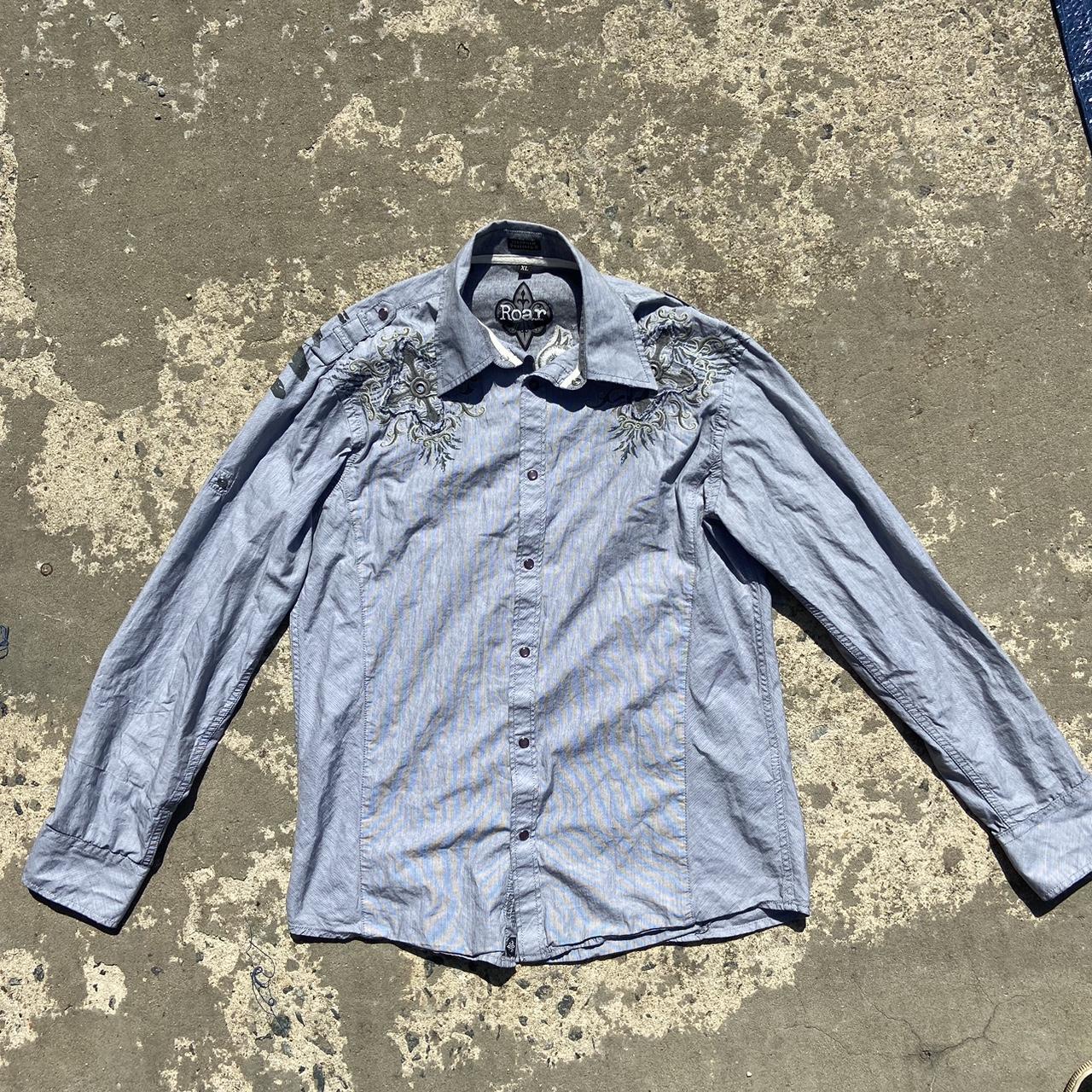 Roar embroidered button down shirt distressed... - Depop